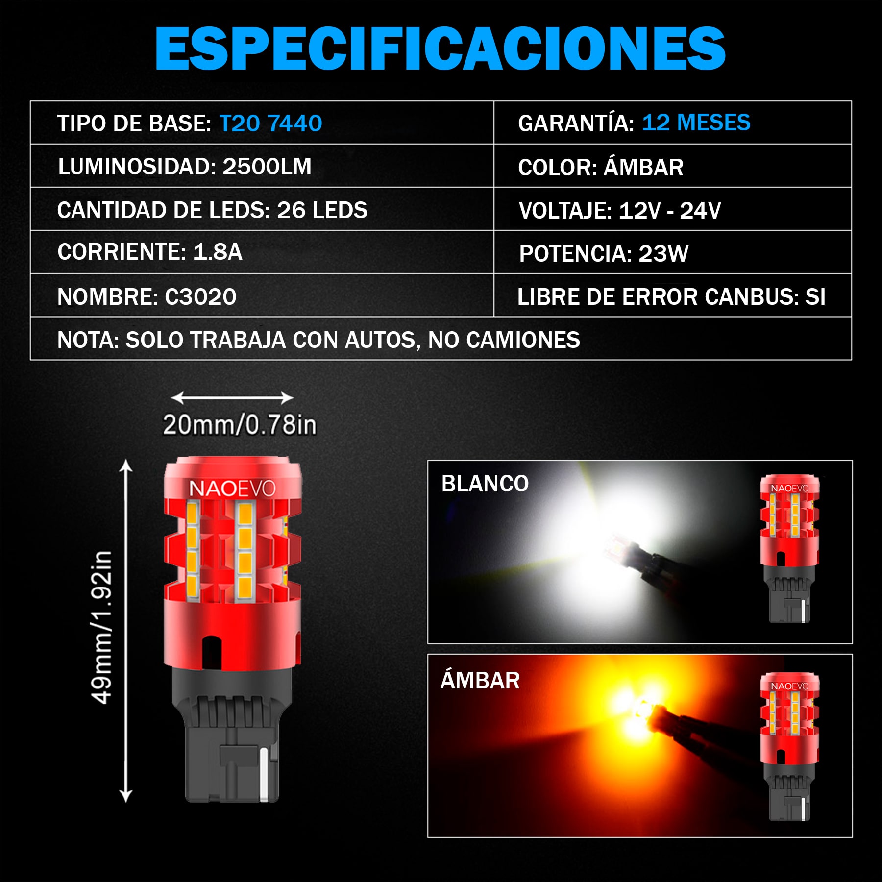 Led Señal T20 CANBUS 7440 2.500LM NAOEVO | Mercomax Motors